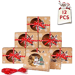 OurWarm 12pcs Christmas Cookie Gift Boxes Treat Boxes for Holiday Gift Giving and Christmas Party Supplies, Christmas Kraft Paper Food Bakery Boxes with Clear Window, Oilpaper and Ribbons
