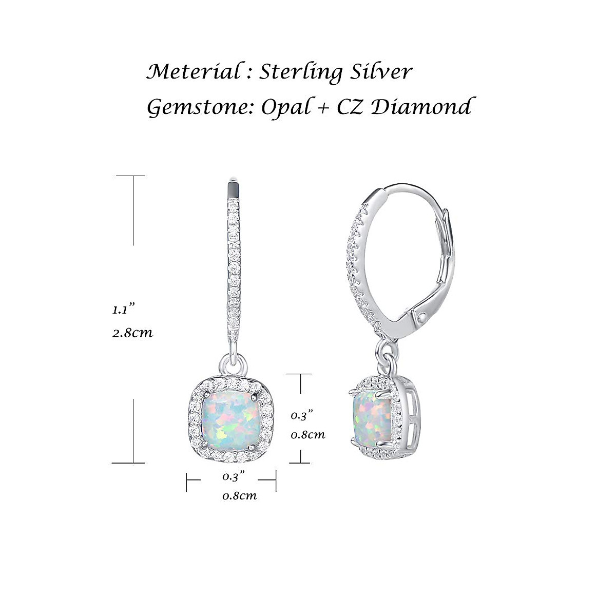 FANCIME Lever Back Earrings Created Opal October Birthstone Earrings Sterling Silver White Fire Opal Halo Cubic Zirconia Square French Back Earrings Jewelry for Women