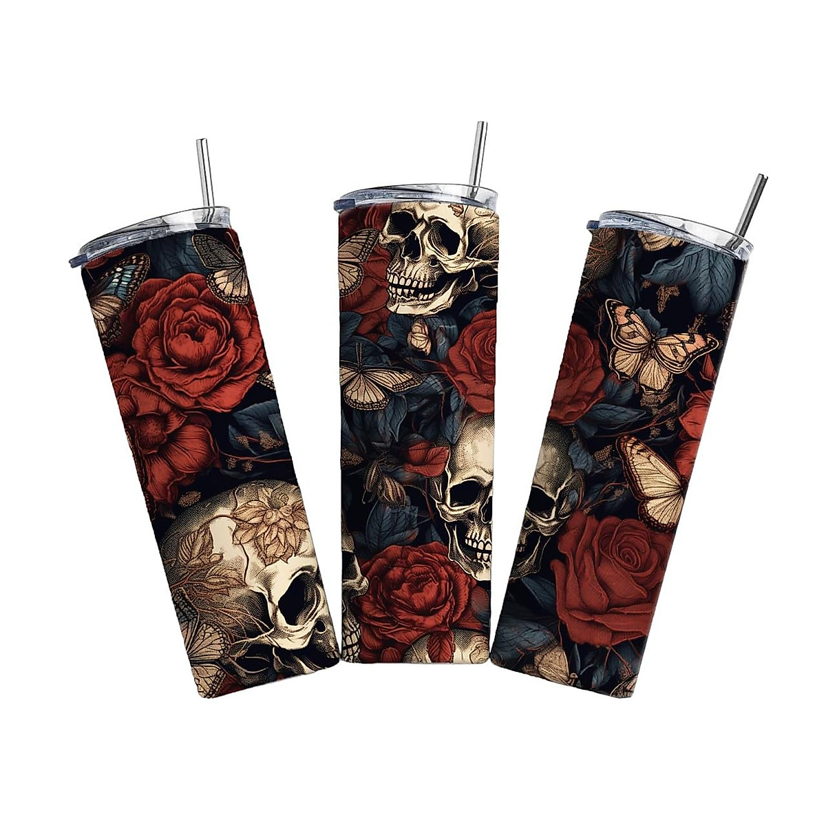Skull Rose Butterfly Tumbler Sublimation Wrap - Ready to Press Sublimation Transfer - 20 oz Straight Tumbler Wrap, Roses, Skulls, Gothic