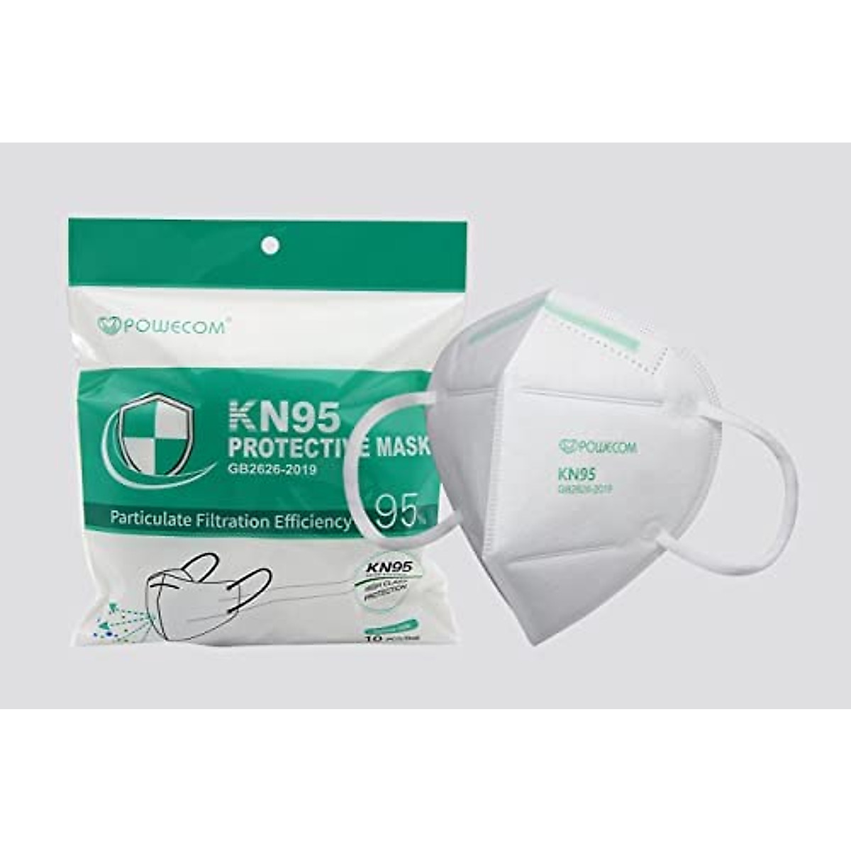 POWECOM KN95 Face Mask for Adults with Filtration > 95%, Comfortable Ear Loops and Lightweight Design, 10-Pack