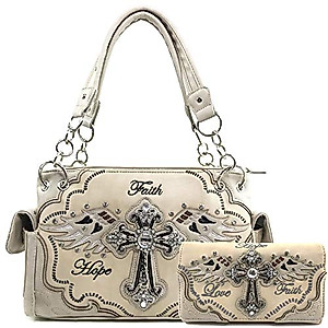 Justin West Women's Concealed Carry Angel Wings Cross Faith Hope Love Western Handbag Tote Purse (Beige Handbag Wallet Set)