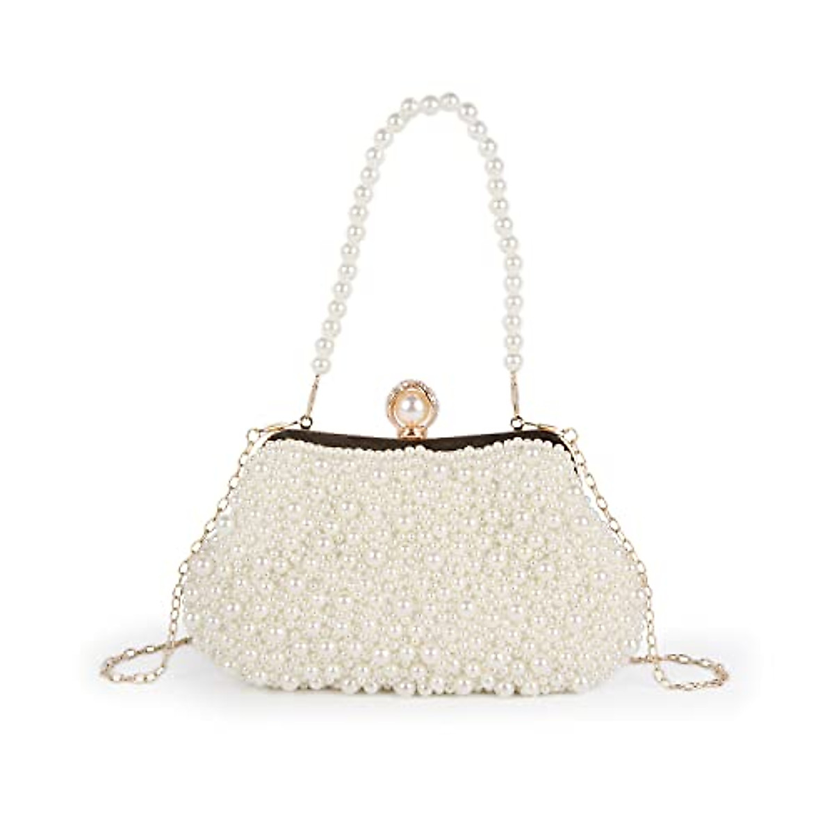 Fecialy Pearl Clutch Purses for Women Wedding Crystal Beaded Evening Handbags with Pearl Chain