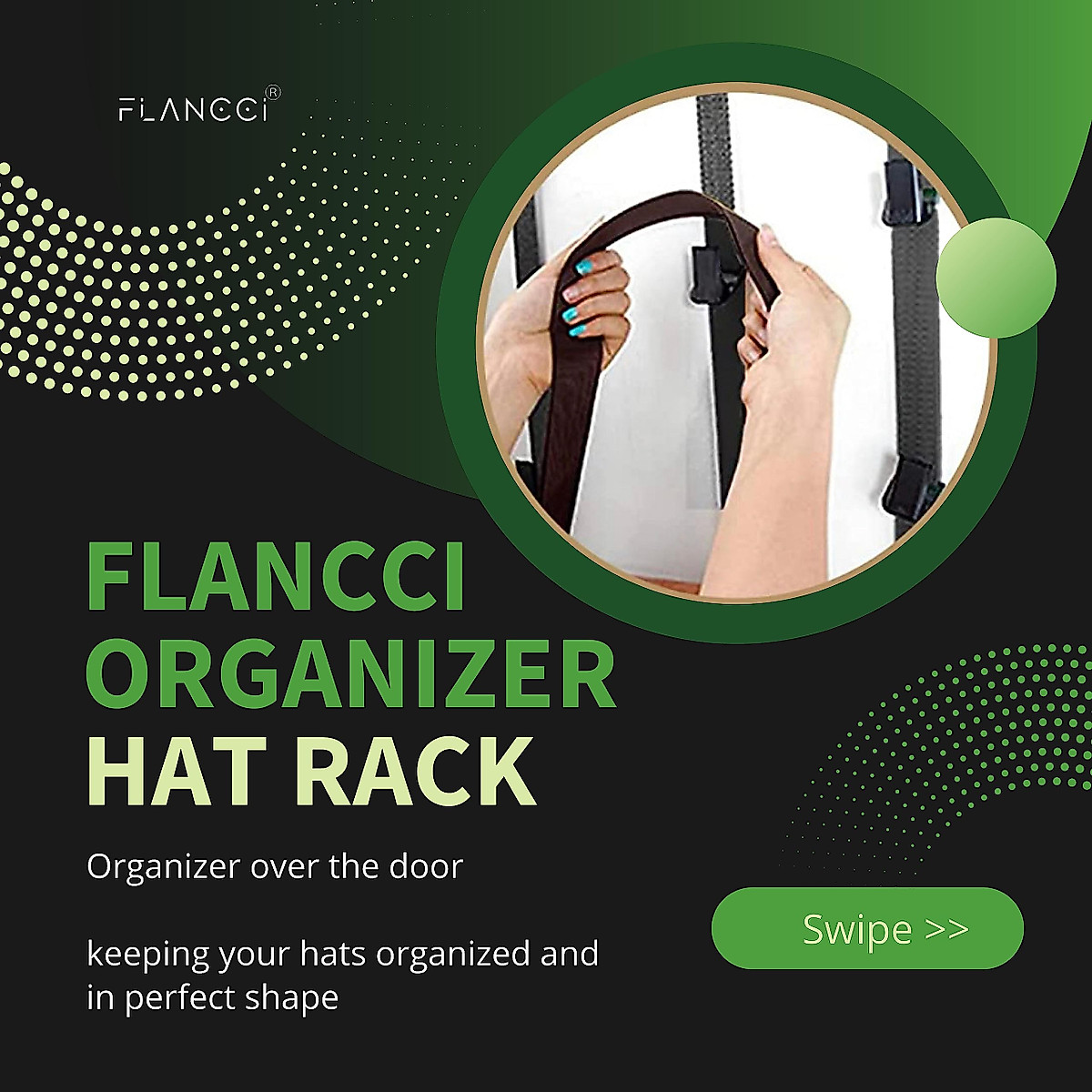 FLANCCI Hat Rack Organizer over the door, Baseball cap holder, hat hanger for closet door rack, Adjustable hat storage racks, Two Straps, Holds up to 18 Caps with adjustable hanging hooks