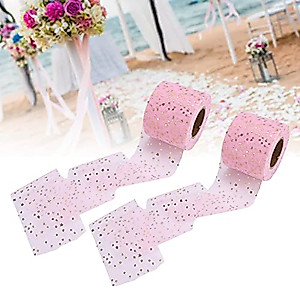 Cyrank Tulle Rolls 2pcs, 6cm Width 25 Yards Tulle Fabric with Gold Stars Patterns Glitter Tulle Rolls for Chair Ties Tutu Skirt Wedding Decor Gift Wrapping(Pink)