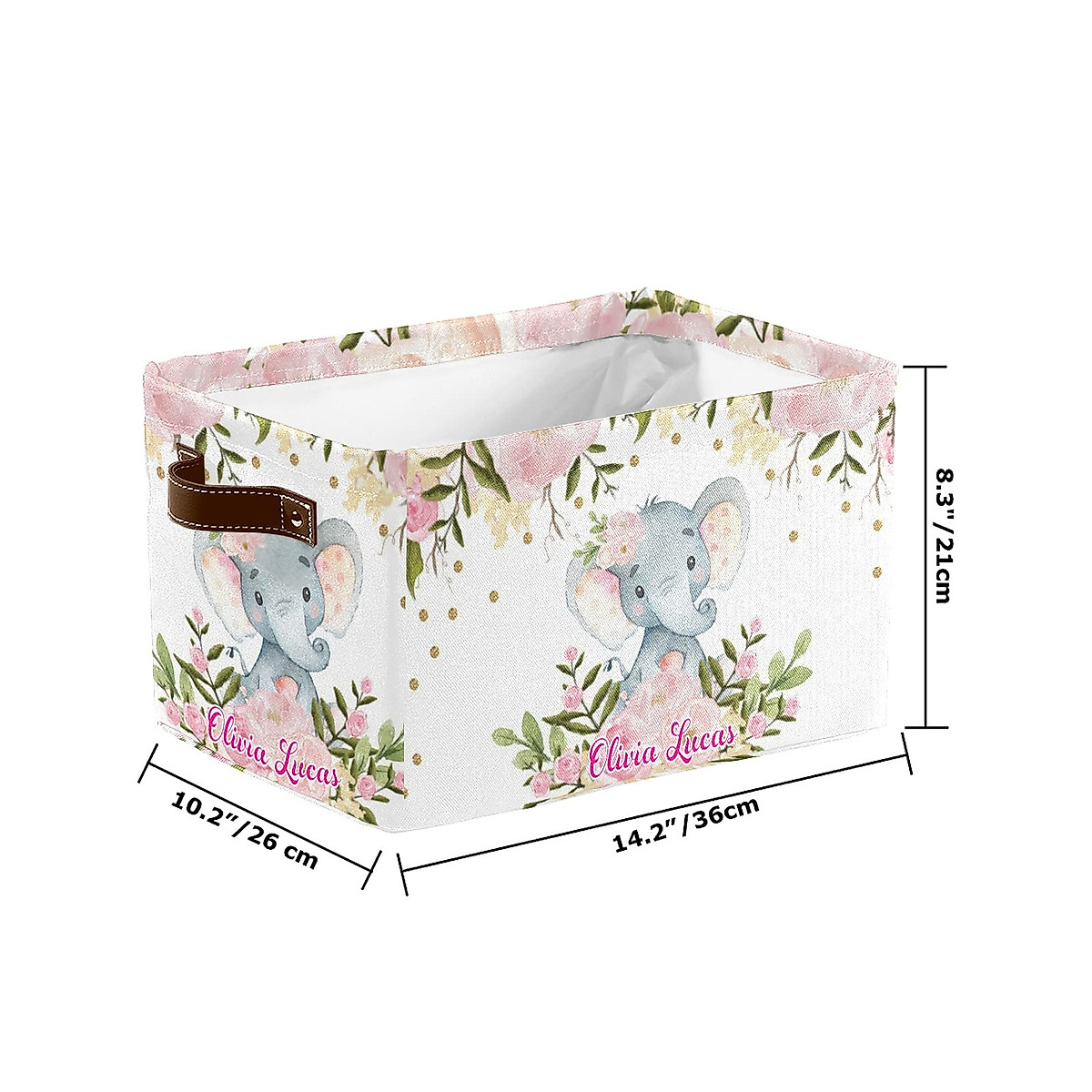 Rose Floral Elephant Personalized Storage Basket,Custom Storage Bins Cubes Organizer with Handle for Bedroom Wardrobe,Nursery,Basket 1 Pack