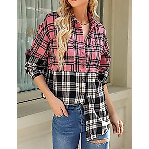 KOJOOIN Women's Oversized Flannels Plaid Color Block Oversized Button Down Shirts Patchwork Lightweight Blouses Pink&Black L