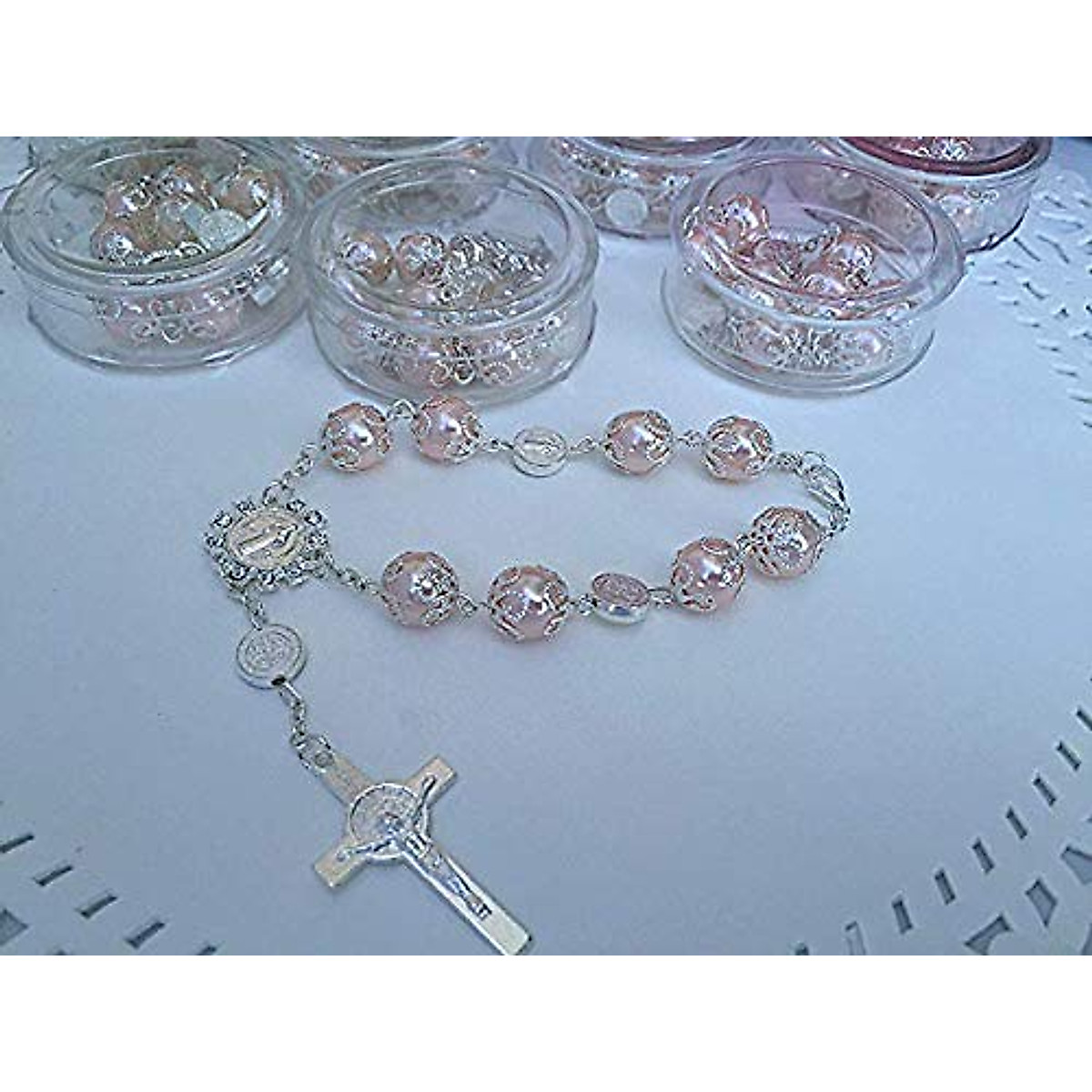 YRP Gifts 12 Pcs Pink/Silver Boy/Girl Hand Bracelet, Mini Rosary Rhinestone Memories Gift for Baptism/First Communion Festivities