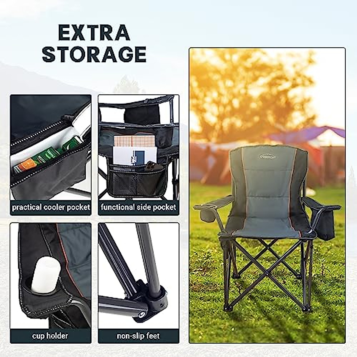 Overmont Oversized Camping Folding Chair Heavy Duty Steel Frame Collapsible Padded Arm Chair with Cup Holder Cooler Pocket Quad Lumbar Back, Portable for Outdoor Beach Fishing Support 385 LBS