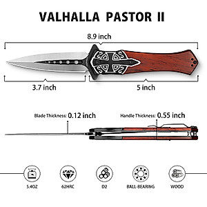 VALHALLA PASTOR 2 Pocket Knife, 3.7'' D2 Steel Cool knives, 3D Retro Embossed Folding Knife with Wooden Inlay, Pocket Knife For Men, Liner Lock, Gift for men women