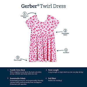 Gerber Baby Girls Toddler Buttery Soft Short Sleeve Twirl Dress with Viscose Made from Eucalyptus, Heart Felt, 5T