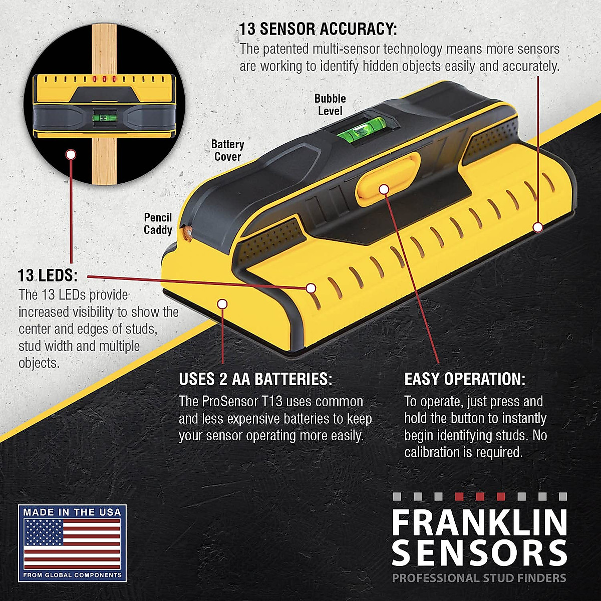 Franklin Sensors FST1302 ProSensor T13 Professional Stud Finder with 13-Sensors for The Highest Accuracy Detects Wood & Metal Studs, High Accuracy with High Speed
