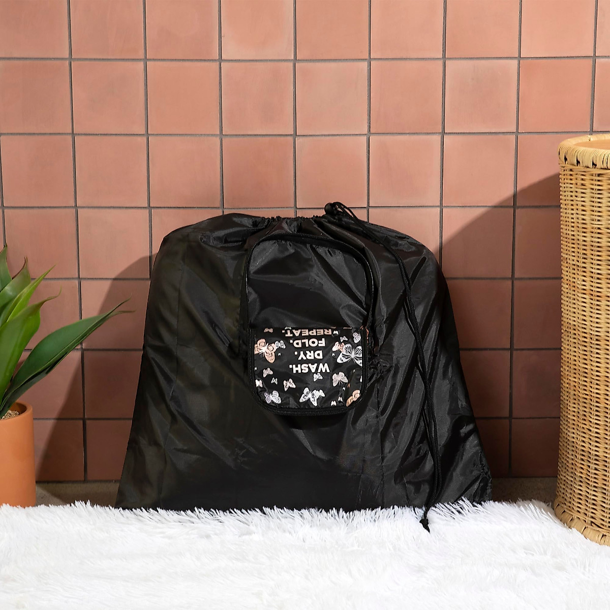MIAMICA Miamica Foldable Travel Laundry Bag, Black Butterfly, Wash, Dry, Fold, Repeat, 21'' x 22'' – Lightweight, Durable Design with Drawstring Closure