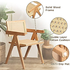 comfy to go Rattan Dining Chairs Set of 6, Wooden Armchair Cane Kitchen Chairs with Arms, Light Walnut Color