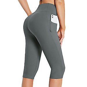 BALEAF Women's Yoga Capri Pants Knee Length Leggings High Waisted Petite Casual Workout Exercise Capris with Pockets Gray L