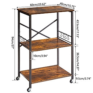 IBUYKE Kitchen Shelf Cart, 3-Tier Microwave Oven Stand, Baker’s Rack with Metal Frame and 8 Hooks, Industrial Printer Stand, Utility Standing Storage Shelf for Coffee Bar, Simple Assembly, TMJ023H