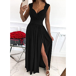 Dokotoo Womens Ladies Elegant Floor Length A Line Wrap Deep V Neck Backless Ruched Pleated Ruffled Split Long Maxi Formal Evening Party Prom Dress Bridesmaid Wedding Guest Dresses Black M