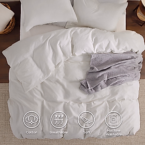 Bedsure 100% Washed Cotton Duvet Cover Queen Size - Natural White Minimalist Duvet Cover for All Seasons - 3 Pieces Plain Simple Cotton Duvet Cover Set with 2 Pillow Shams (White, Queen, 90"x90")