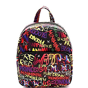 Retro Vintage Multicolor Colorful Graffiti Vegan Leather Tote Purse Handbag (Medium Pocket Backpack - Dark Multi)