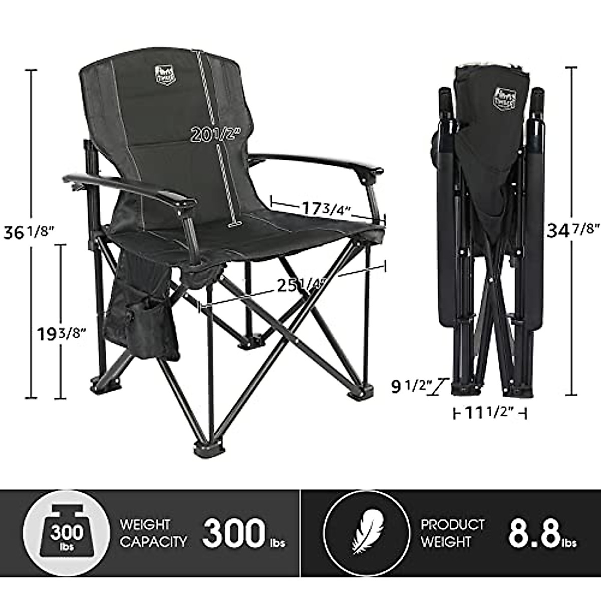 TIMBER RIDGE Folding Camping Chair with Padded Hard Armrest and Cup Holder-for Outdoor, Camp, Fishing, Hiking, Lawn, Including Carry Bag, Aluminum, (Black)