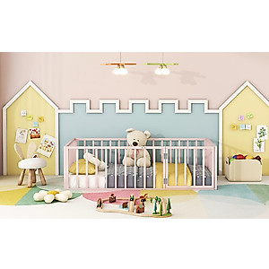 DNYN Full Size Metal Floor Bed Frame with Door for Kids Bedroom,Metal Struture Bedframe w/Fence,No Box Spring Needed,77" x 56.1"x 21.7"H, Pink