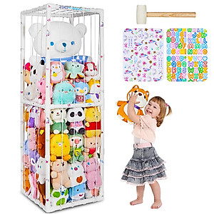 FIOBEE Stuffed Animals Storage Zoo Thicken PVC Tube Kids Toy Storage Organizer with Elastic Band Large Stuffed Animals Holder for Nursery Playroom Bedroom Room Furniture Plush Storage, White