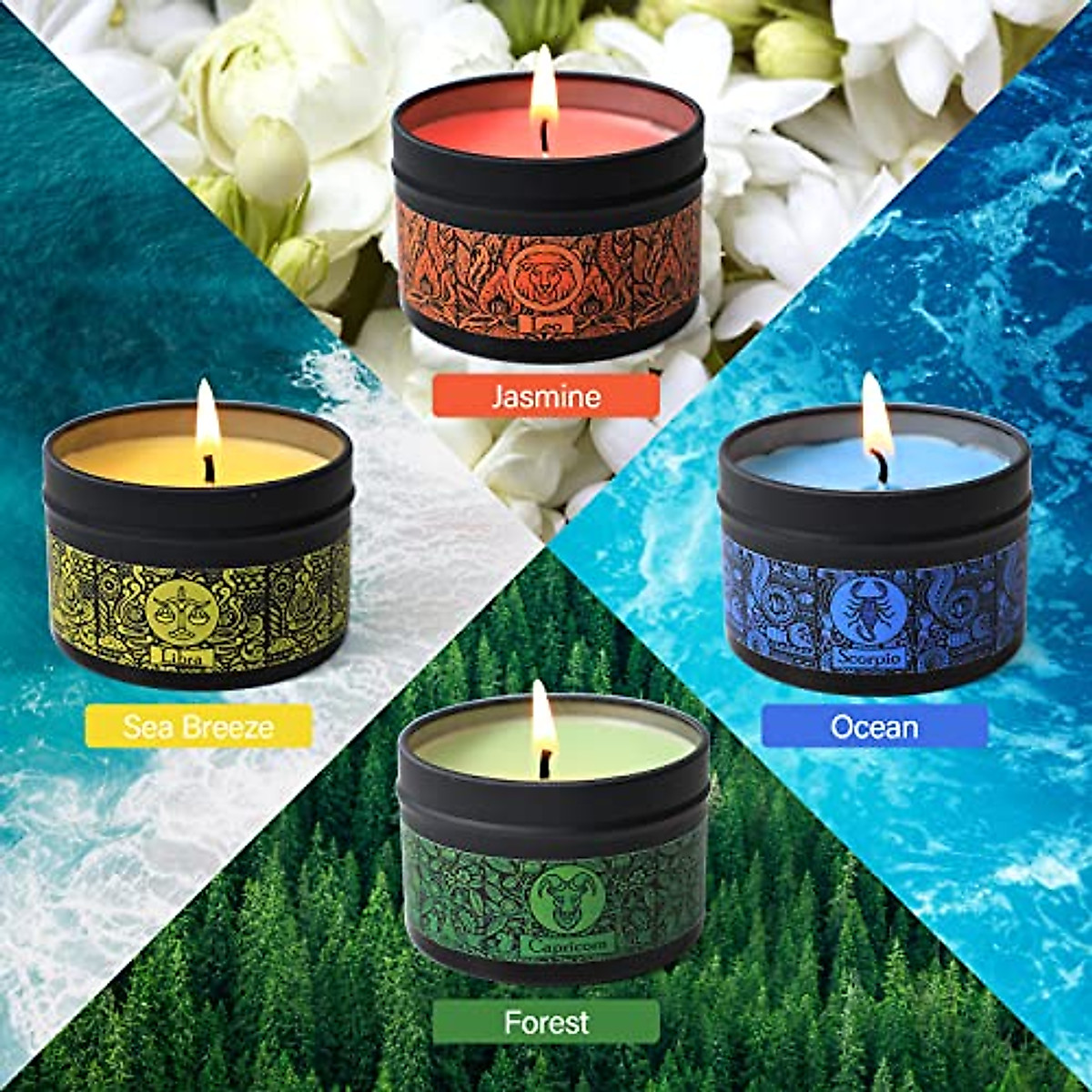 Eutectic Scented Colorful Tin Aromatherapy Candle Gift Set | Zodiac Sign Collection Candles Bulk | 3.5 Oz Natural Soy Wax with Jasmine, Sea Breeze, Ocean, and Forrest Fragrance Small Candles