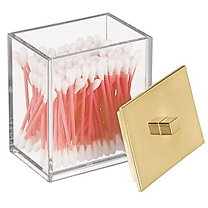 mDesign Plastic Rectangle Apothecary Canister - Organizer for Bathroom Vanity Countertop Shelf Decor - Holds Cotton Swabs, Soap, Makeup, Bath Salts - Lumiere Collection - 3 Pack - Clear/Soft Brass