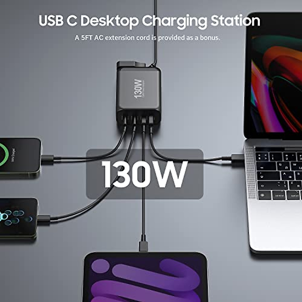 【2023 New】 130W USB C Wall Charger Station PD 100W Type C 65W PPS 45W GaN Super Fast Charging Power Adapter AC Cable for MacBook Pro/Air Pixel ThinkPad Dell XPS iPad Pro iPhone Samsung Galaxy Note