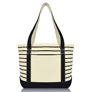 DALIX Small Stripe Tote Deluxe Shoulder Bag Cotton Canvas in Black