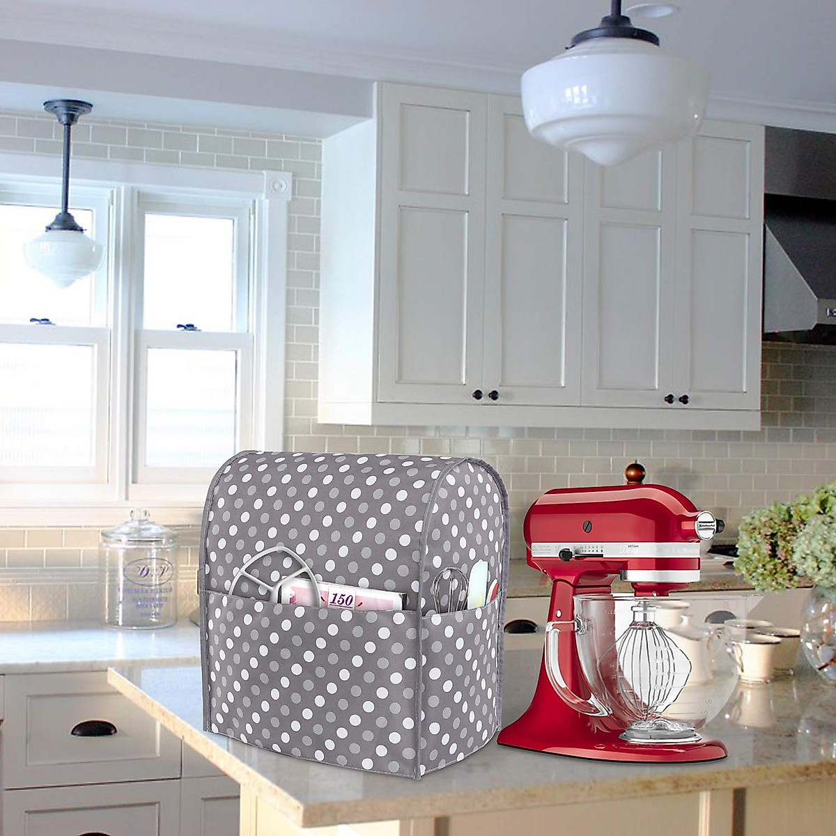 Luxja Dust Cover Compatible with 4.5-Quart and 5-Quart Stand Mixer, Cloth Cover with Pockets for Stand Mixer and Extra Accessories, Gray Dots