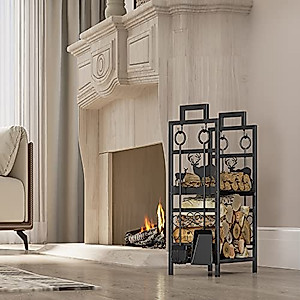 YITAHOME 2.6x1.3ft Firewood Rack Tools Set Wood Log Holder for Fire Place Outdoor Indoor Accessories - 2 Layer Iron with Brush, Shovel, Tong, Hook, Lumber Kit Storage Stacking, Black