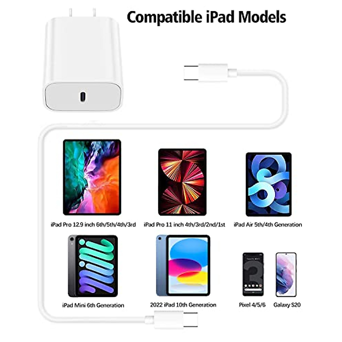 10FT iPad Charger Cord, 20W USB C Fast Charger with Long Charging Cable for iPad Pro 12.9 6th/5th/4th/3rd, 11 inch 4th/3rd/2nd/1st, iPad 10th Generation, iPad Air 5th/4th Generation, iPad Mini 6