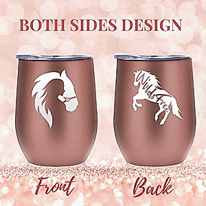 Onebttl Horse Gifts for Women, Girls, Insulated Stainless Steel Wine Tumbler with Lid, Equestrian Gifts for Horse Lovers, Cowgirls, Perfect for Birthday, Rose Gold