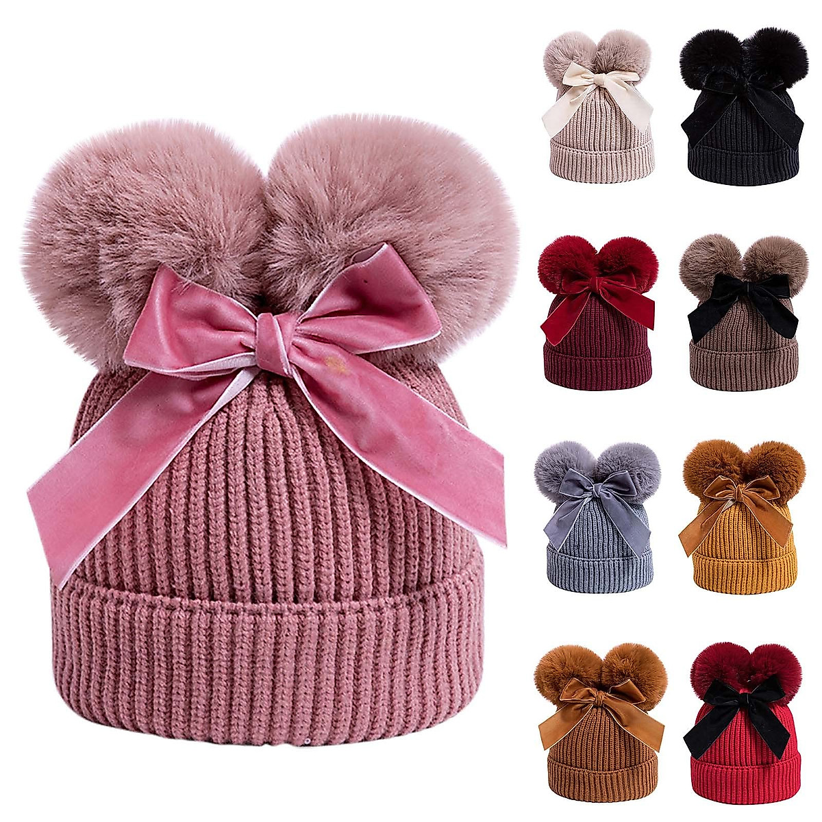 Toddler Baby Boy Girl Knitted Pompom Beanie Hat Thicken Warm Crochet Bow Double Pom Beanie Cap Kids Winter Hats Black