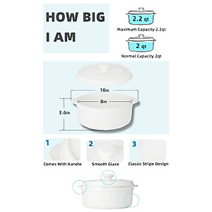 HAOTOP 2-Quart Ceramic Deep Casserole Dish with Lid, Ceramic Baking Dishes, Oven Safe (White)