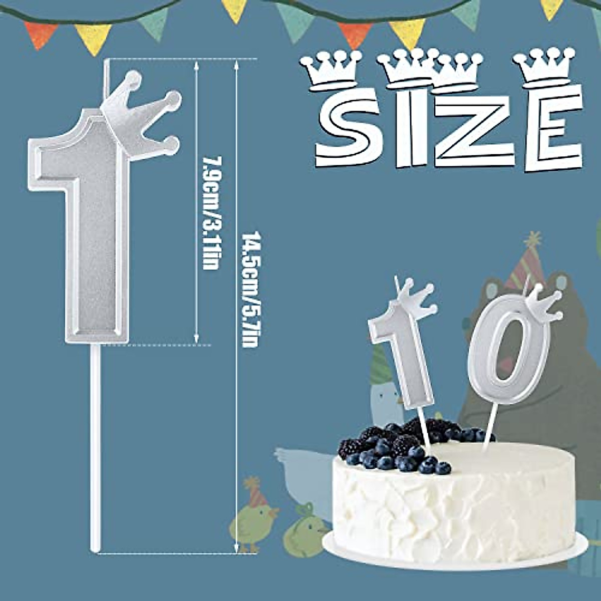 3inch Crown Number Candle, 3D Birthday Number Candle Cake Topper with Crown Cake Numeral Candles Number Candles for Birthday Anniversary Parties (Silver, 1)