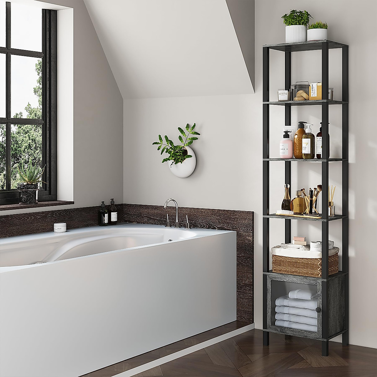 TUTOTAK 6 Tier Bookcase and Bookshelf, Narrow Book Shelf with Door for Small Space, for Living Room, Office, Study, Entryway, Charcoal Grey BS03BY006