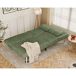 Flamaker Futon Sofa Bed Corduroy Folding Couch Adjustable Sleeper Sofa Bed for Small Apartment Upholstered Living Room Furniture Set with 2 Cup Holders Removable Armrests (Green)