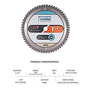 Luckyway 7-1/4 Inch 60T Finish with 5/8 Inch Arbor TCT Circular Saw Blade for Cutting Wood