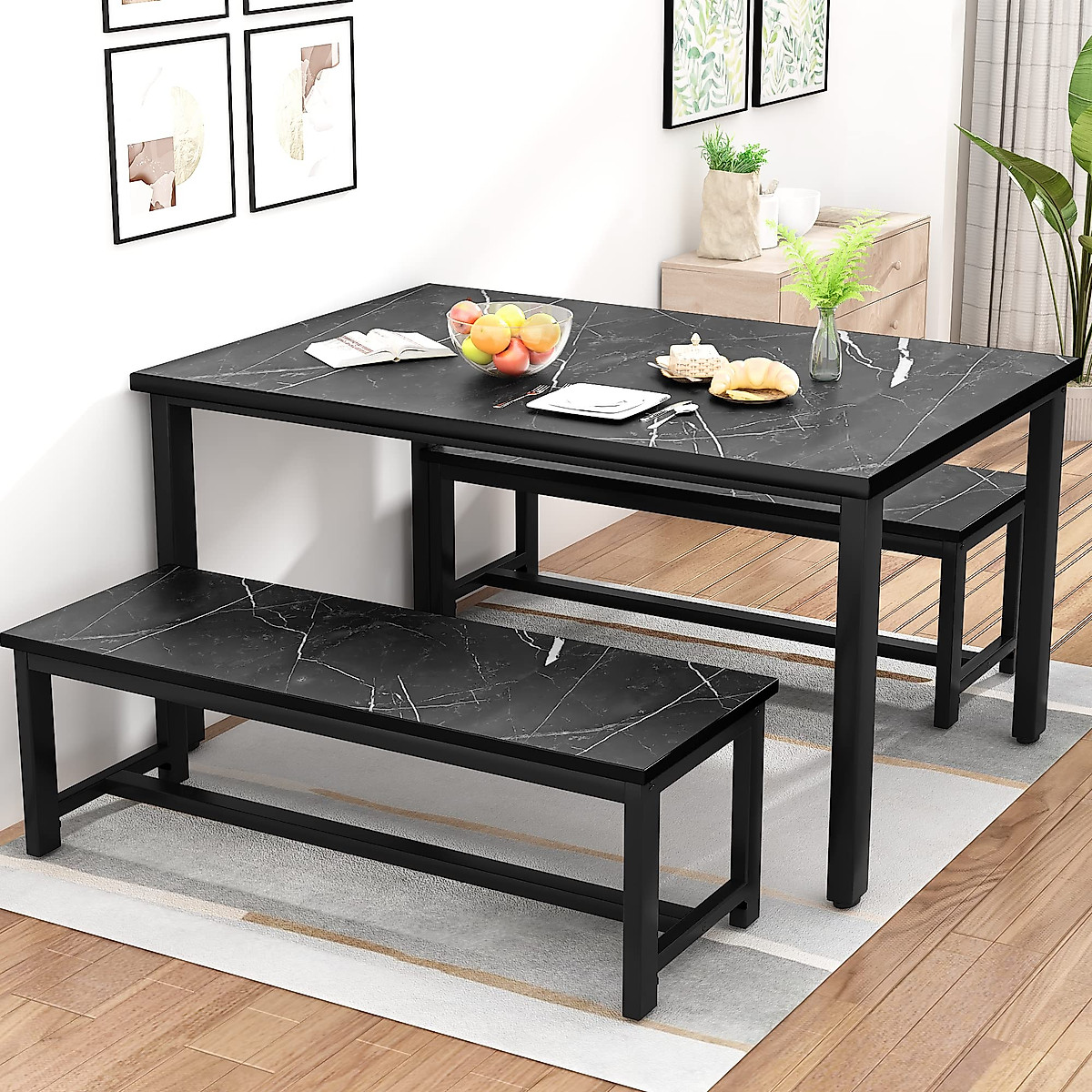 AWQM Modern Black Dining Table Set with Benches, 47.2" L x 28.74" W x 28.74" H, Ideal for Small Spaces