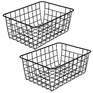 Aeggplant Kitchen Wire Baskets Farmhouse Decor Metal Food Storage Organizer, Household Refrigerator Bin with Built-in Handles for Cabinets,Pantry Set of 2 Black