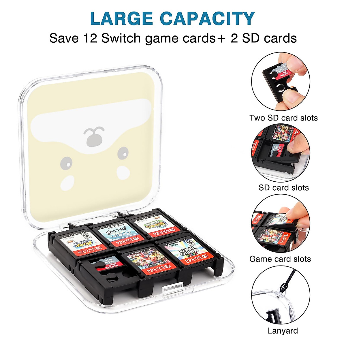 DLseego Game Card Case for Switch Lite/Switch/Switch OLED, Switch Game Cartridge Memory Card Portable Storage Box with 12 Game Card Slots and 2 Micro SD Card Slots and 1PCS Black Chain-Yellow Dog