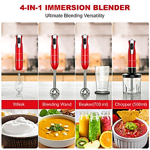 Galanz 4-in-1 Retro Immersion Hand Blender & Food Chopper with Whisk, 2 Speeds, Blending Beaker Included, Stainless Steel, 260W, Red