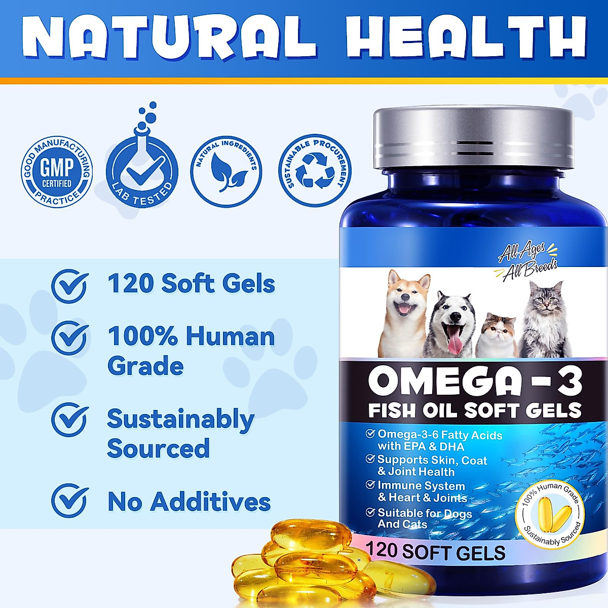 Omega 3 Fish Oil for Dogs, 100% Pure Pet Fish Oil Supplement for Dogs & Cats with DHA & EPA Fatty Acids Skin & Shiny Coat, Fish Oil for Dogs Shedding Allergy, Itch, Dry Skin, Joints -120 Capsules