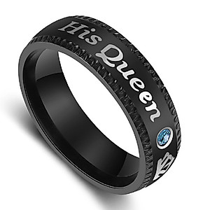 6mm Black Stainless Steel His Queen Womens Wedding Band Promise Engagement Proposal Ring with Blue Cubic Zirconia (Her Size 9)