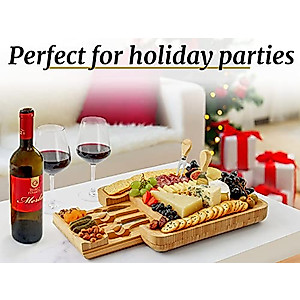 Zulay Kitchen Premium Bamboo Cheese Board Set - Extra Thick Bamboo Charcuterie Board Set with 4 Piece Knife Set - Wooden Cheese Board is Perfect for Charcuterie, Wine and Cheese (Party Set)