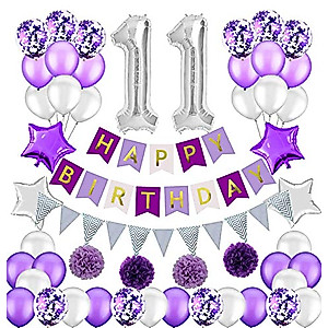 Colorpartyland Purple and Silver Birthday Decorations Set-Purple Happy Birthday Banner Latex and Confetti Balloons Paper Garland Huge Number 11 Balloons for Girls 11st Birthday