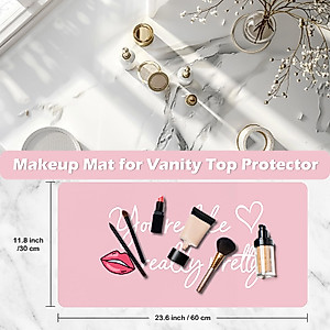 Makeup Mat for Vanity, Dual-Sided Vanity Top Protector Mat Waterproof Dressing Desk Makeup Table Cover Mat You're Like Really Pretty (Baby Pink/Silver, 23.6"x11.8")