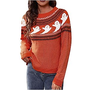 Womens Knit Halloween Sweater, Halloween Sweaters for Women, Vintage Ghost Pattern Long Sleeve Pullovers Fall Sweater Tops for Teen Gilrs Ladies Crewneck Sweatshirt Orange