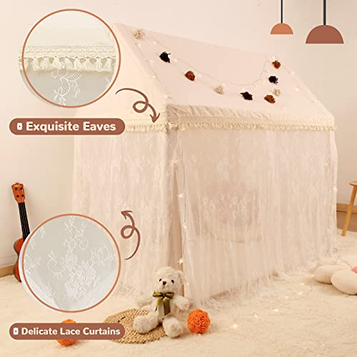 Kids Play Tent Indoor Outdoor, Large Play House Tents for Toddlers 3-12 Years Old, Girls Boys Play Tents with Non-Slip Mat, Tassel Garland and Star Lights, Neutral Color 52" x 35" x 52"